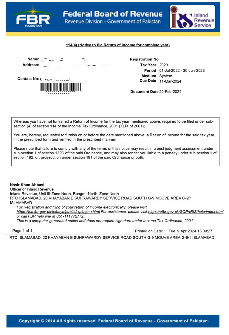 Received 114(4) (notice to file return of income for complete year)